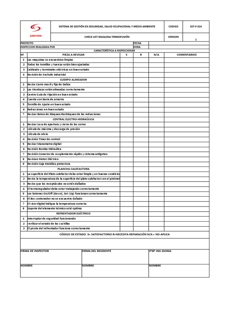 Check List de Termofucion | PDF | Máquinas | Ingeniería mecánica