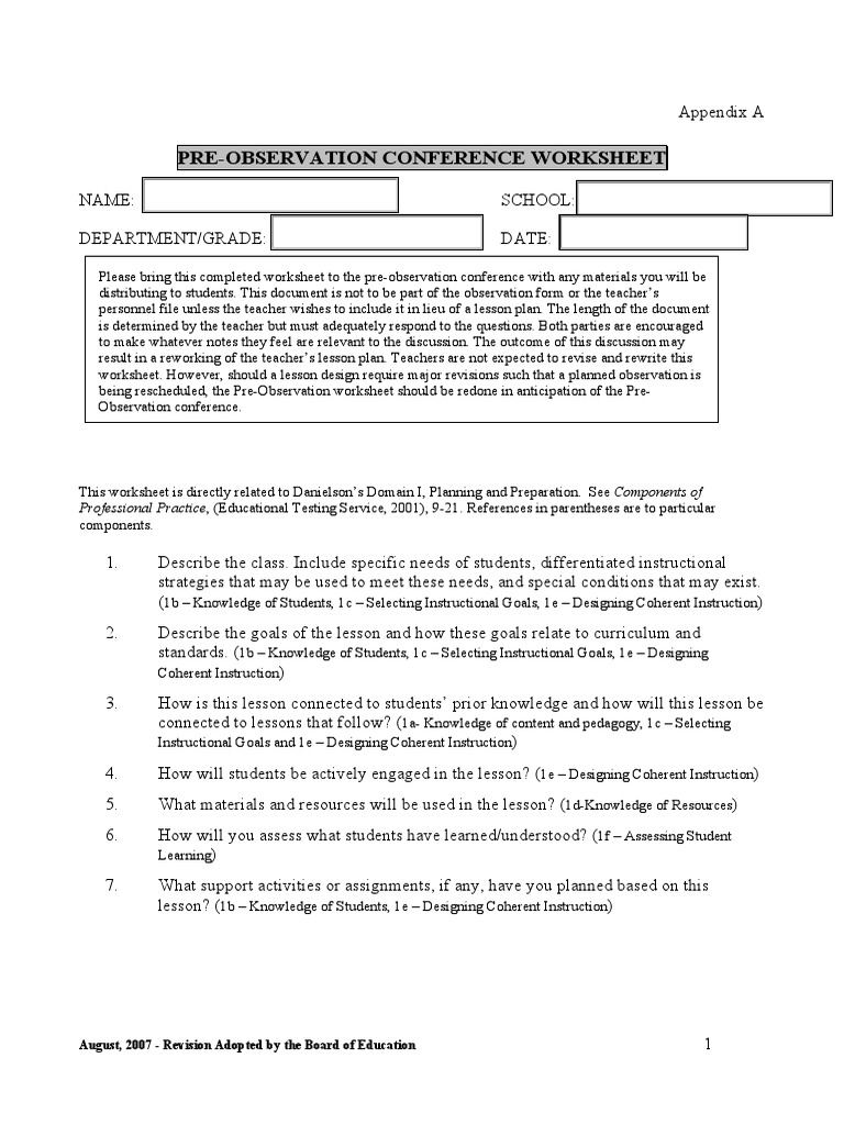 Fillable Pre Observation Conference Teacher Form | PDF | Teachers ...
