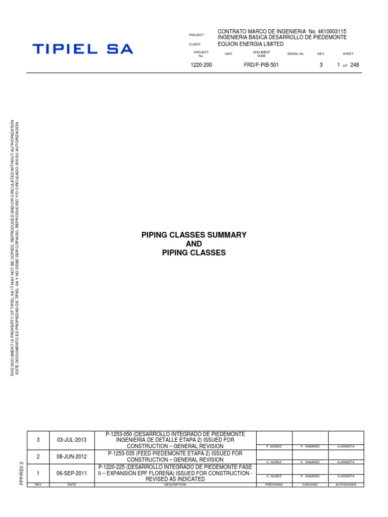 Piping Classes for Piedemonte Project | PDF | Pipe (Fluid Conveyance ...