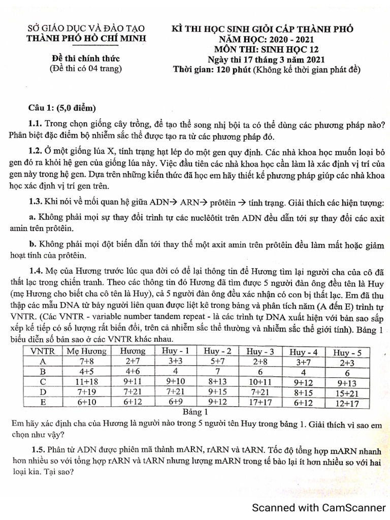 Đề HSG Sinh 12 TPHCM 2021 | PDF