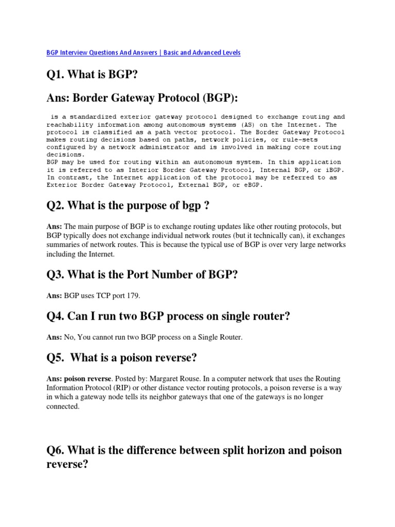 BGP Interview Questions and Answers - Basic and Advanced Levels | PDF | Routing | Router (Computing)