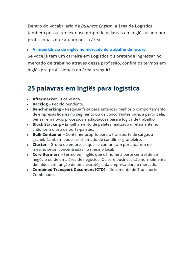 Termos (Dicionário) de Logística | PDF | Logística | Avaliação comparativa