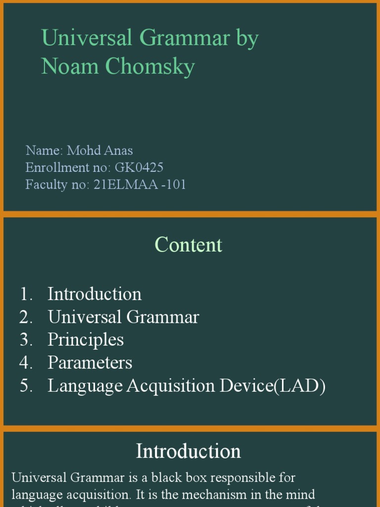 Universal Grammar by Noam Chomsky: Name: Mohd Anas Enrollment No: GK0425 Faculty No: 21ELMAA ...