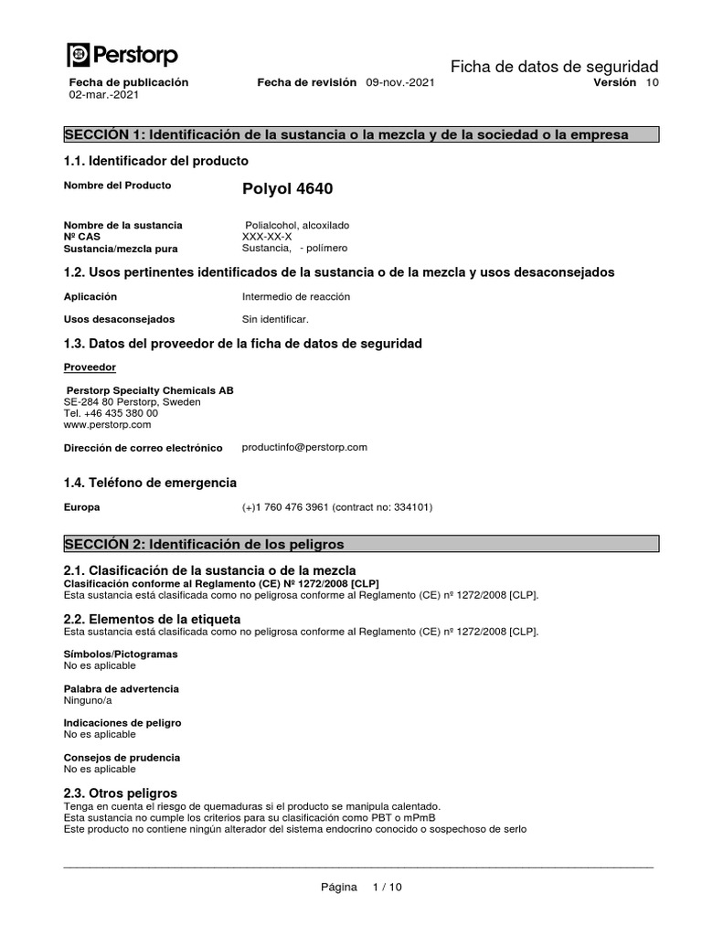 MSDS - Polyol 4640 - Spa-1503 | PDF | Agua | Toxicidad