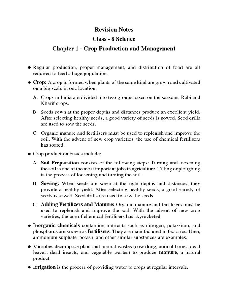 Revision Notes Class - 8 Science Chapter 1 - Crop Production and ...