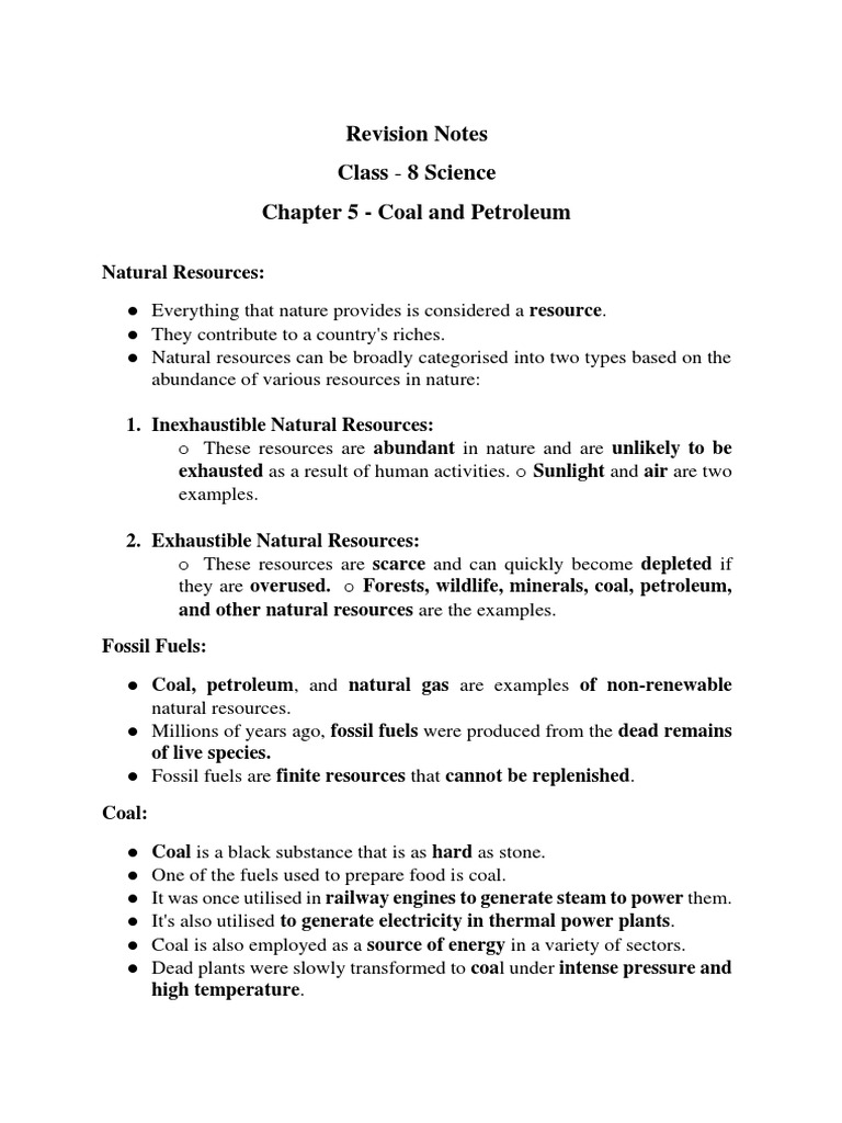 Revision Notes Class - 8 Science Chapter 5 - Coal and Petroleum | PDF ...