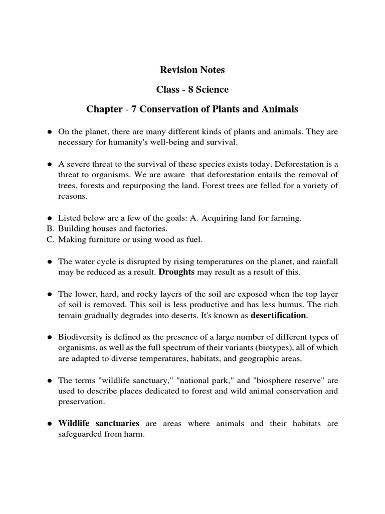Revision Notes Class - 8 Science Chapter - 7 Conservation of Plants and ...