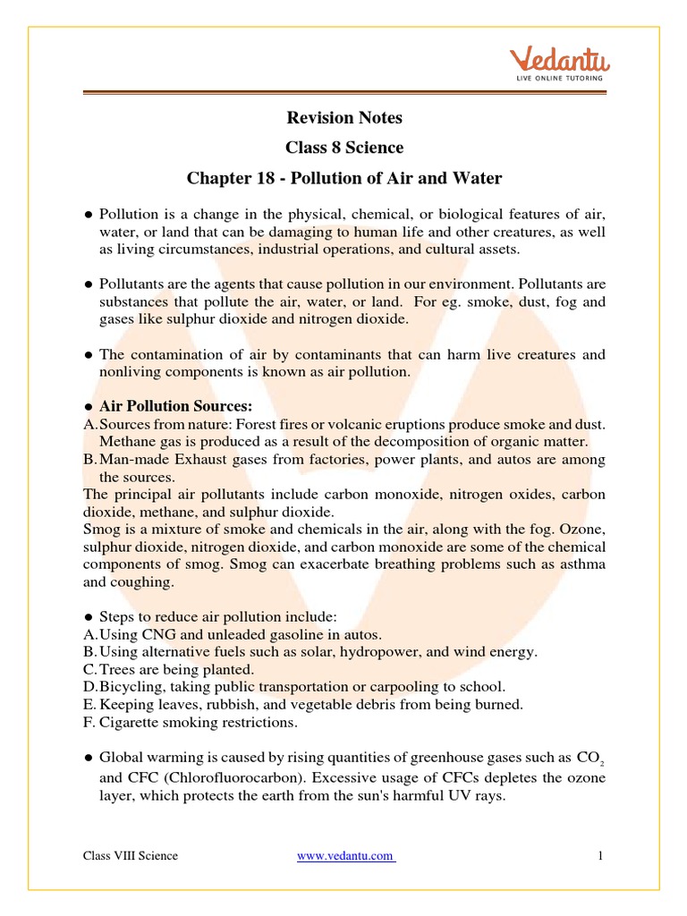 Revision Notes Class 8 Science Chapter 18 - Pollution of Air and Water ...