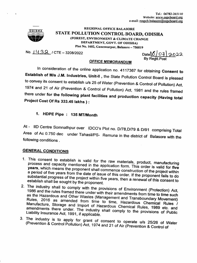 State Pollution Control Board, Odisha: No. Date Office Memorandum | PDF ...