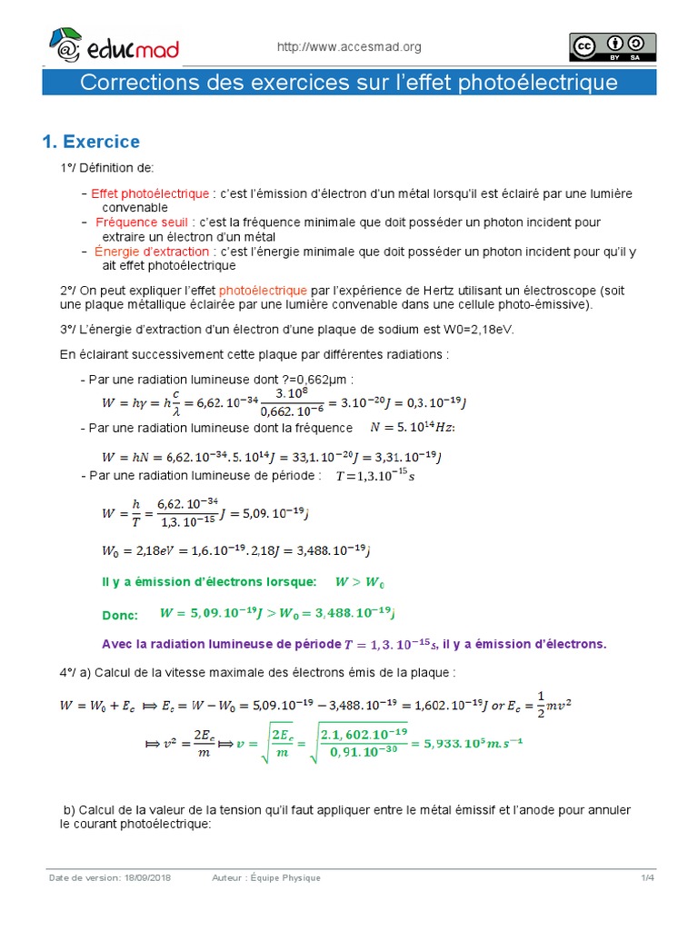 Exercices corrigés sur l'effet photoélectrique | PDF | Effet ...