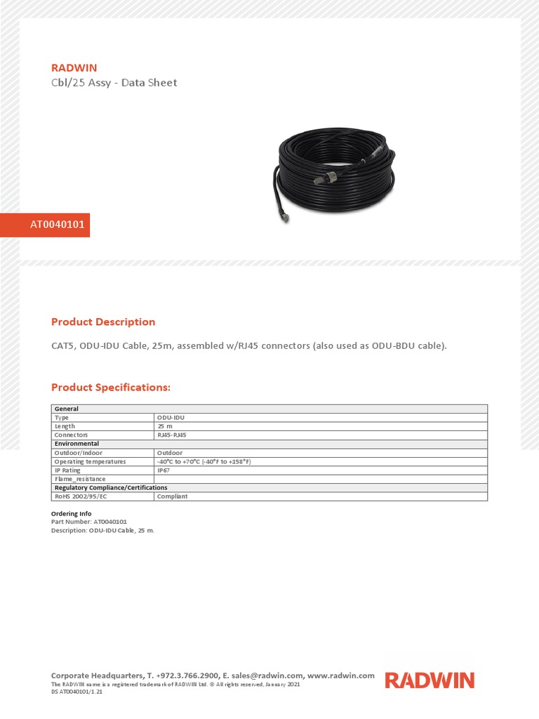 Cbl/25 Assy - Data Sheet: Radwin | PDF | Antenna (Radio) | Computer Networking
