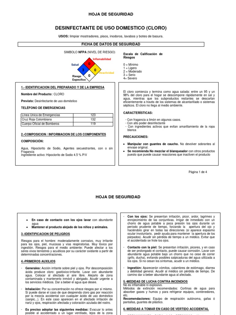 Ficha Seguridad CLORO | PDF | Agua | Cloro