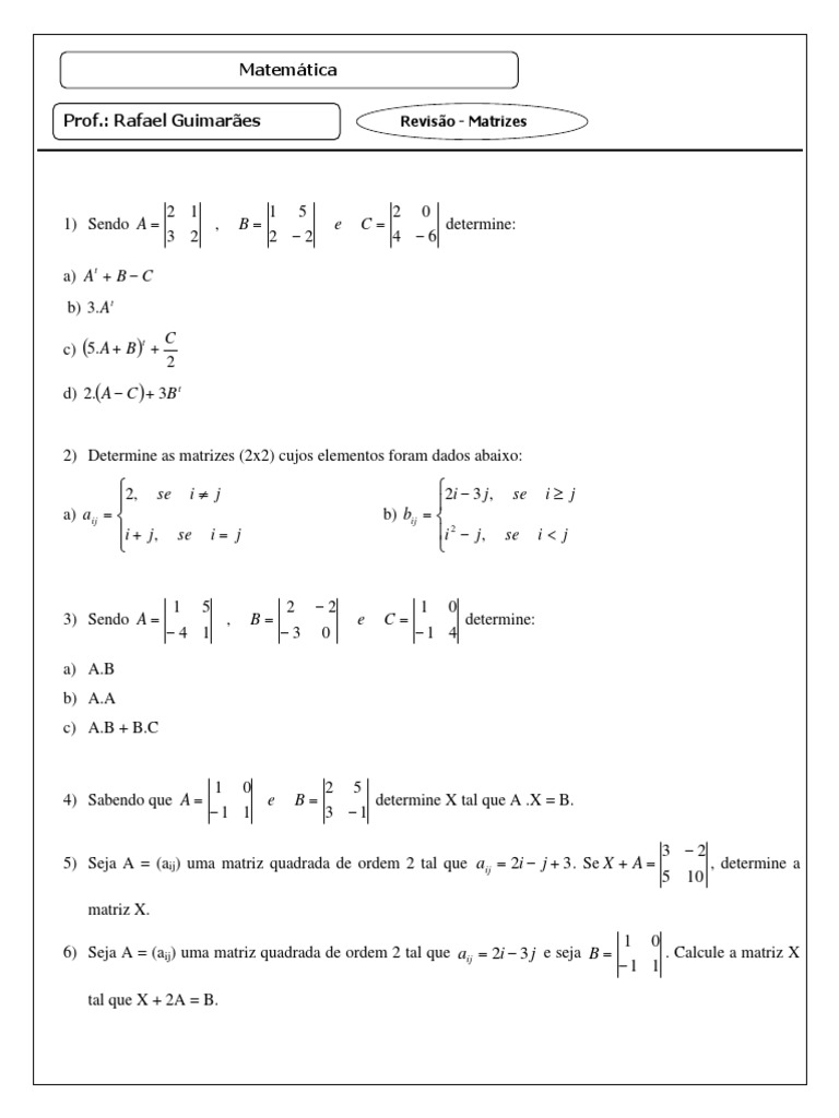 Lista de Exercícios de Matrizes | PDF | Matriz (Matemática) | Determinante