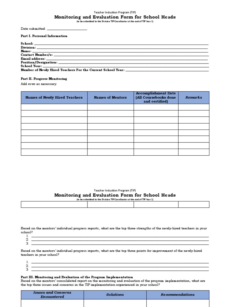 TIP - IPBT M&E Form For School Heads | PDF | Mentorship | Evaluation