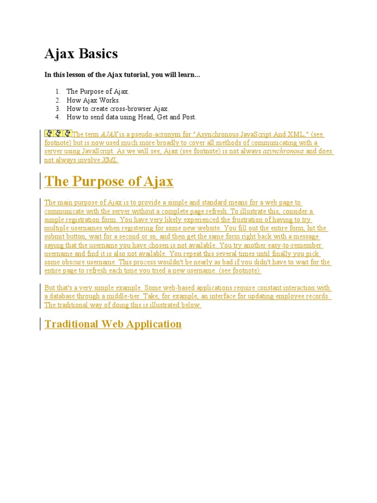 Ajax Basics The Purpose Of Ajax Pdf Ajax Programming Computer Data