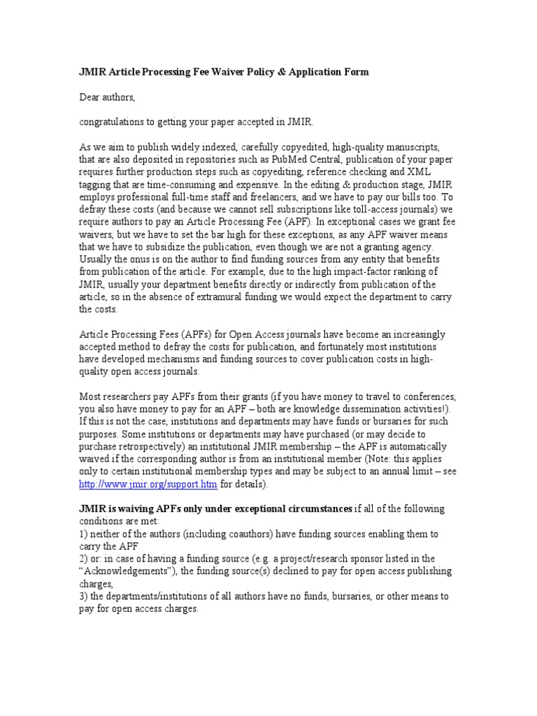JMIR Article Processing Fee Waiver Policy | PDF | Open Access | Public ...