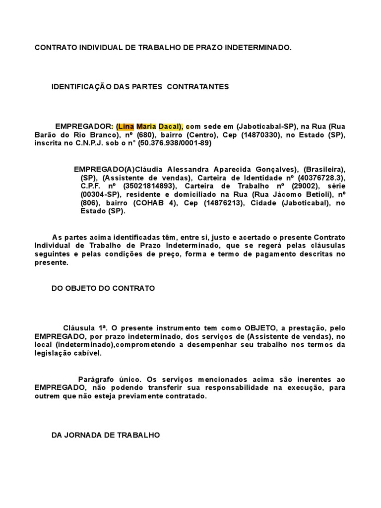 Contrato Individual de Trabalho de Prazo Indeterminado | PDF | Expediente