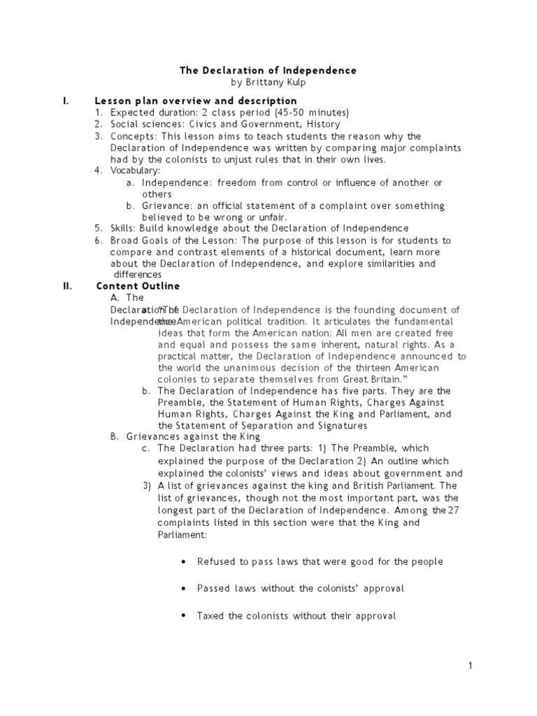 The Declaration of Independence I Lesson Plan Overview and Description ...