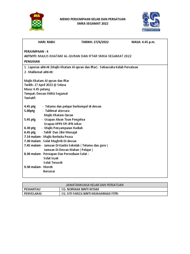 MEMO PERJUMPAAN KELAB DAN PERSATUAN Perjumpaan 4 | PDF