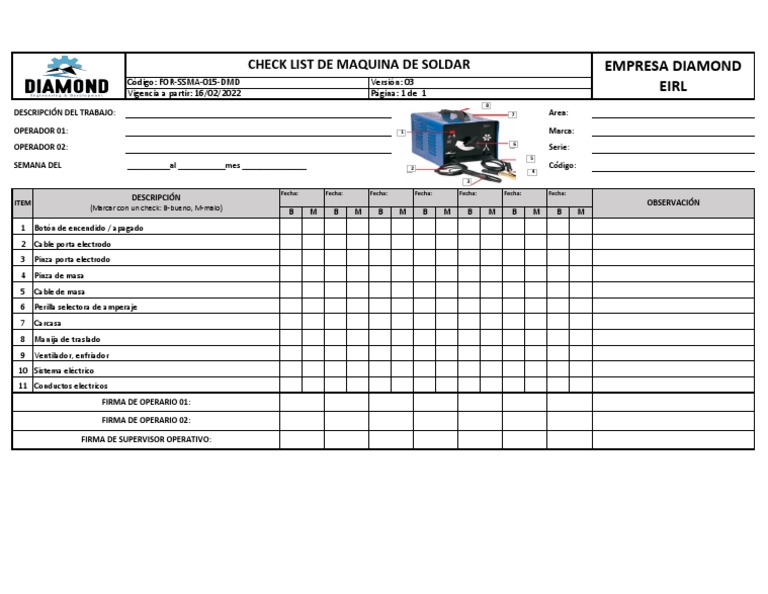 FOR-SSMA-015-DMD - Check List Maquina de Soldar-1 | PDF