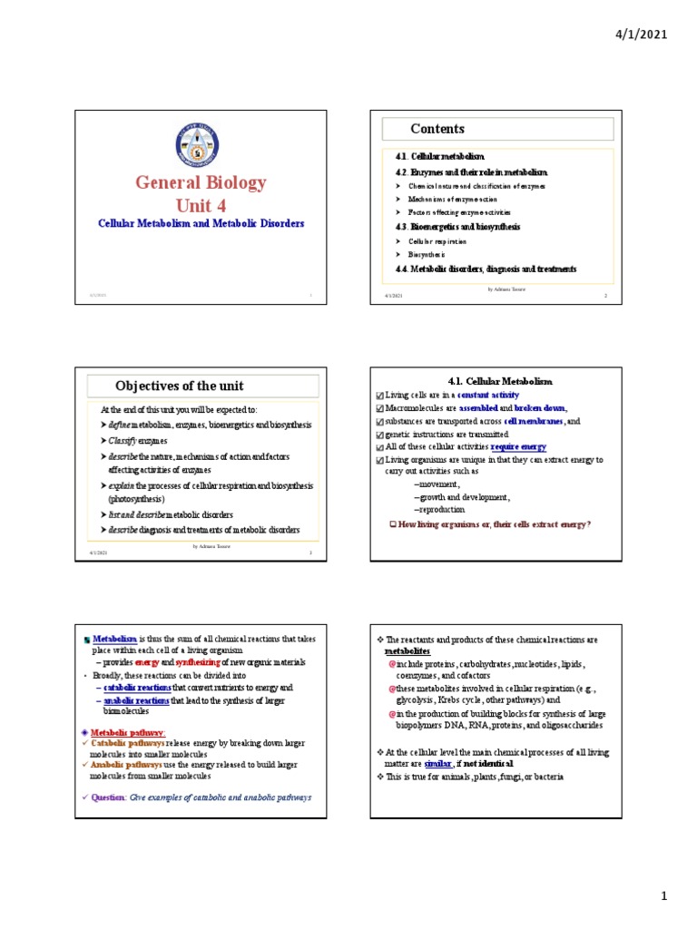 General Biology Unit 4: Cellular Metabolism and Metabolic Disorders ...