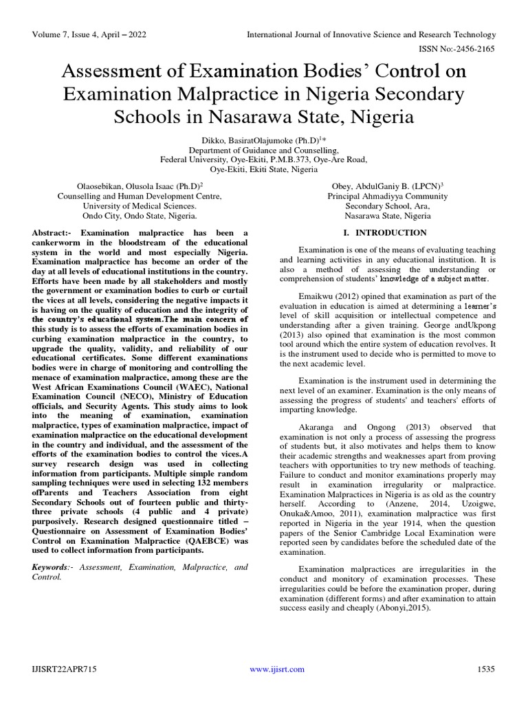 Assessment of Examination Bodies' Control On Examination Malpractice in ...