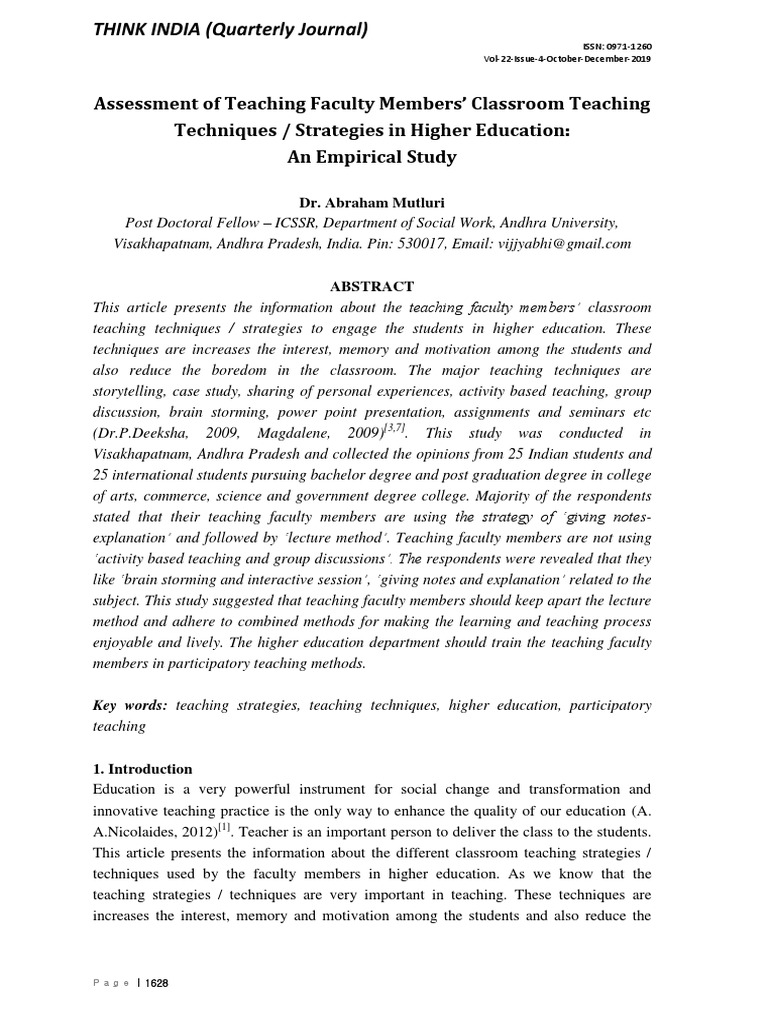 Assessment Of Teaching Faculty Members Classroom Teaching Techniques