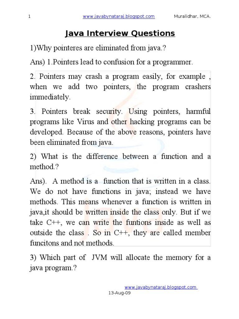 Java Interview Questions: 1 Muralidhar, MCA | PDF | Method (Computer Programming) | Class ...