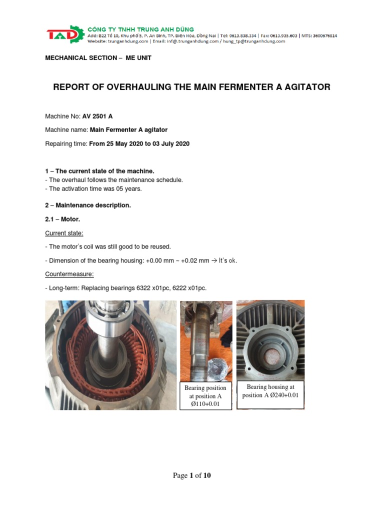 Report of Overhauling The Main Fermenter A Agitator: Mechanical Section ...