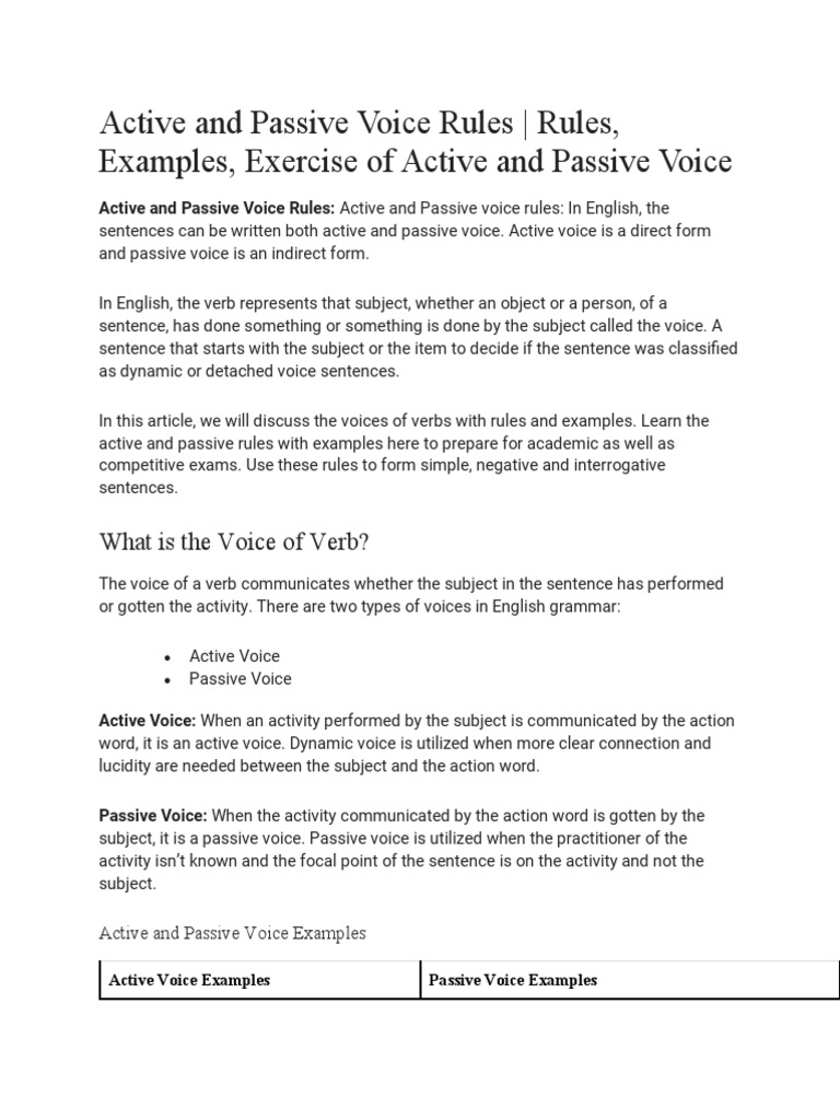 Active and Passive Voice Rules | PDF | Grammatical Tense | Verb