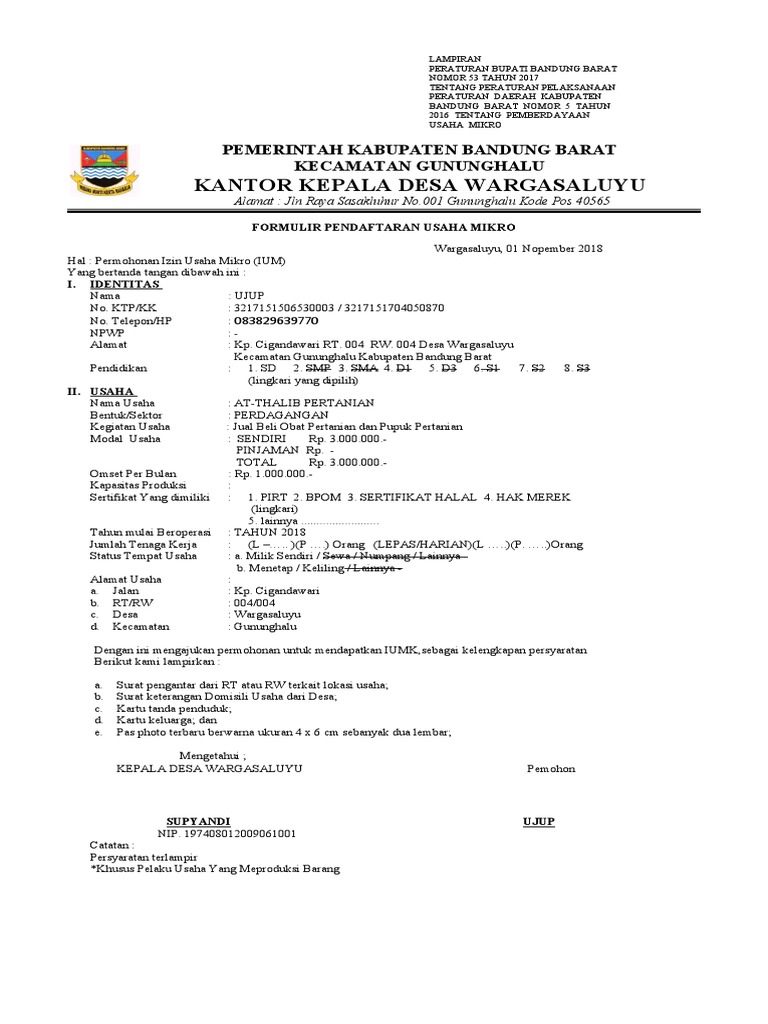 Contoh Formulir Izin Usaha Mikro | PDF