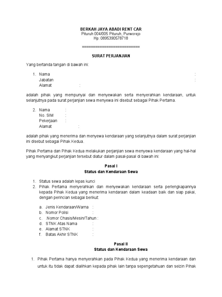 Contoh Surat Perjanjian Rental Mobil | PDF