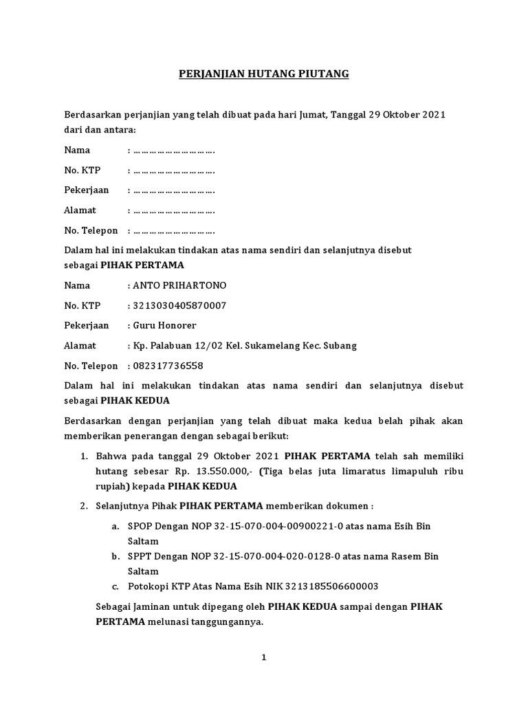 Perjanjian Hutang Piutang | PDF