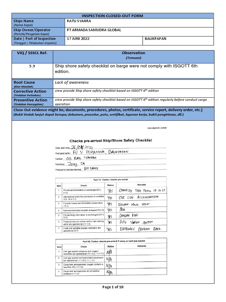 Ship Shore Safety Checklist Compliance | PDF | Shipping | Water Transport