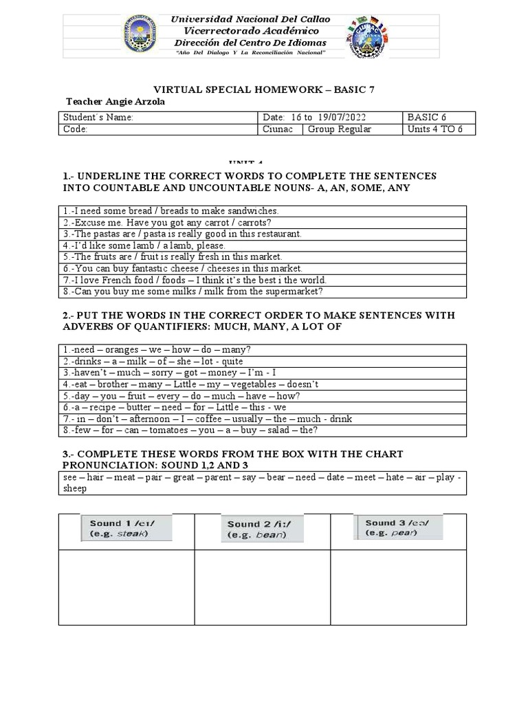 Virtual Special Homework Units 4 To 6 Basic 7 June 2022 | PDF | Foods ...