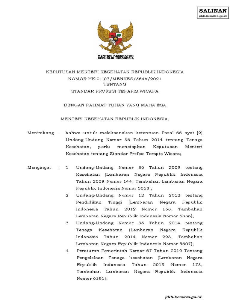 KMK No. HK.01.07-MENKES-3648-2021 TTG Standar Profesi Terapis Wicara ...