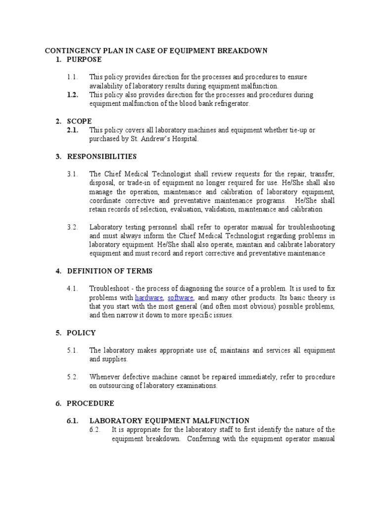 Sah Contingency Plan in Case of Equipment Breakdown | PDF ...