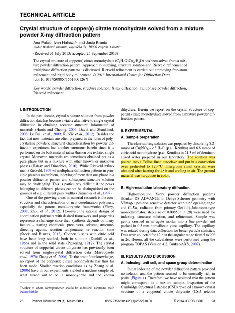 Crystal Structure of Copper (II) Citrate Monohydrate Solved From A ...