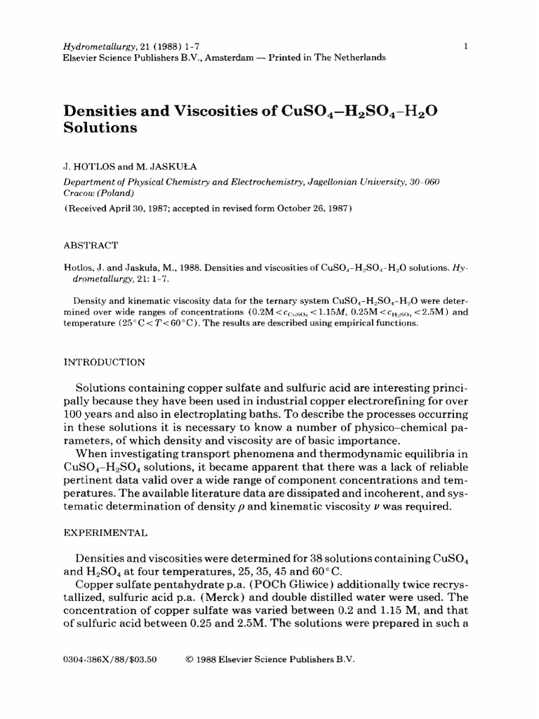 Cus04-H2So4-H20: Densities and Viscosities of Solutions | PDF ...
