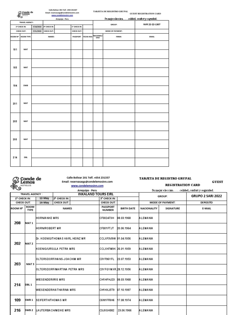 Formato Rooming List Grupal | PDF