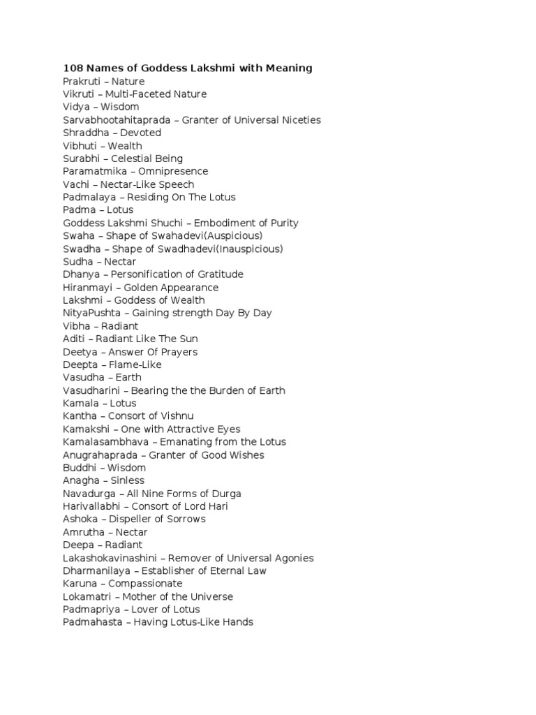 108 Names of Goddess Lakshmi With Meaning | PDF | Devi | Vishnu