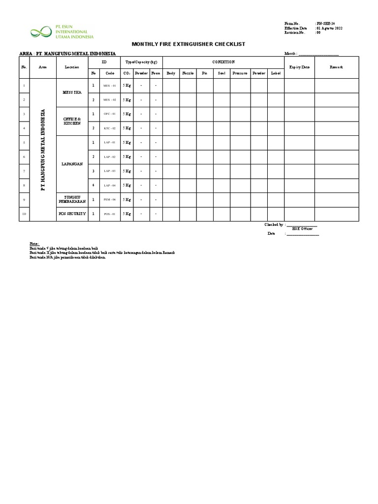 Monthly Fire Extinguisher Checklist | PDF | Civil Engineering ...