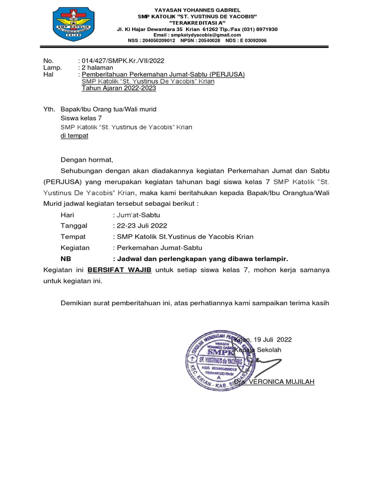 Surat Pemberitahuan Perjusa SMPK Krian Ta 2022-2023 | PDF