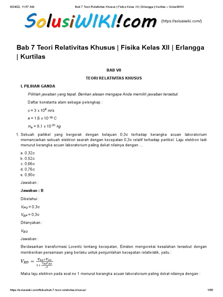 Bab 7 Teori Relativitas Khusus - Fisika Kelas XII - Erlangga - Kurtilas - SolusiWIKI | PDF