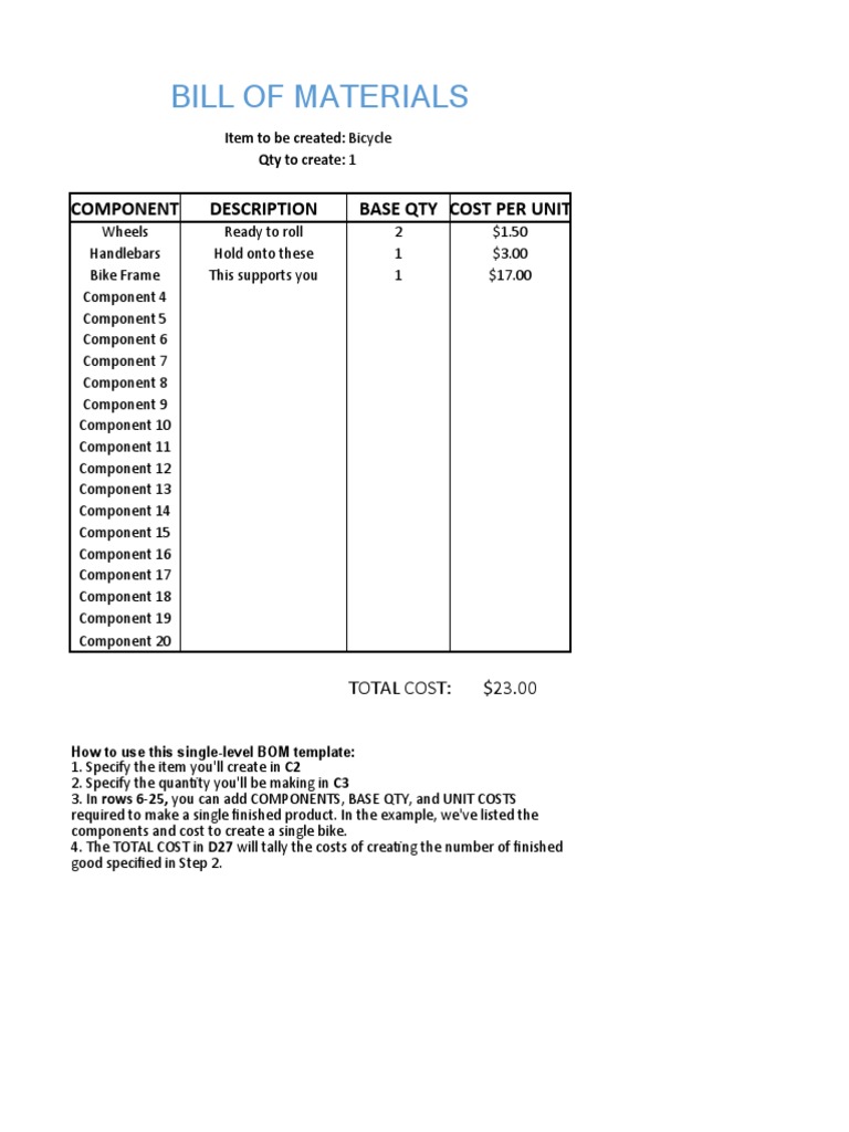 Bill of Materials: Component Description Base Qty Cost Per Unit | PDF
