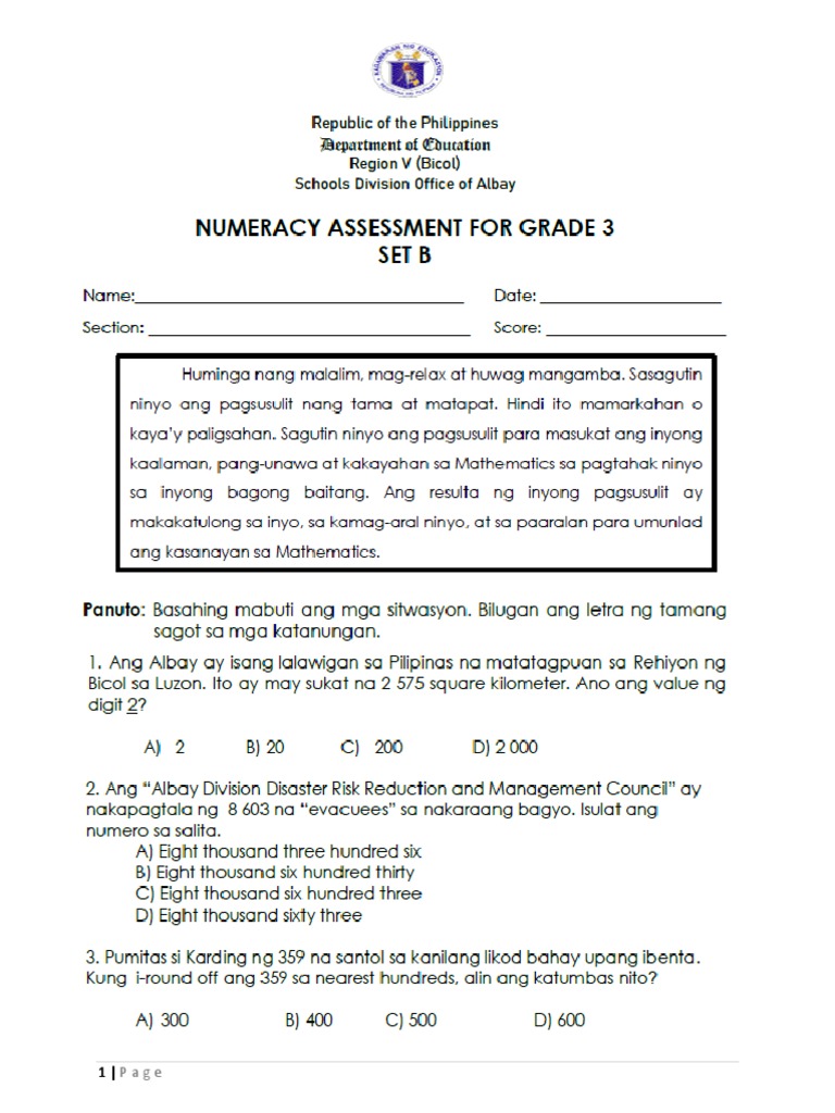 Numeracy Assessment Tool Grade 3 | PDF