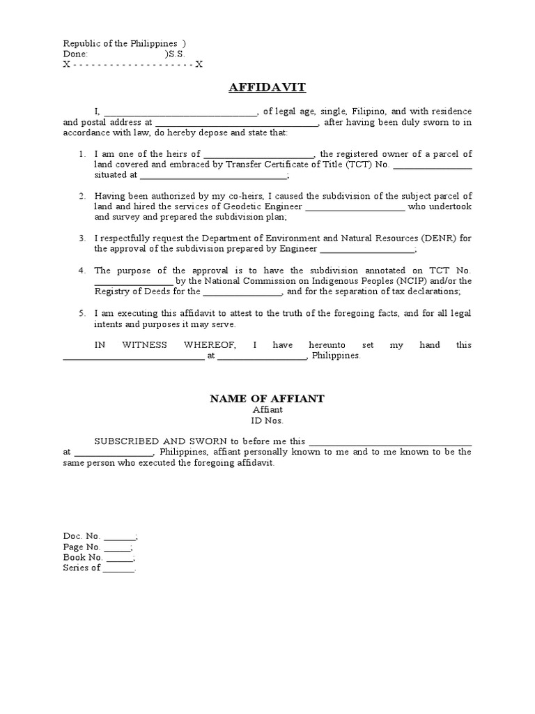 Affidavit - Re Subdivision SAMPLE | PDF | Finance & Money Management ...