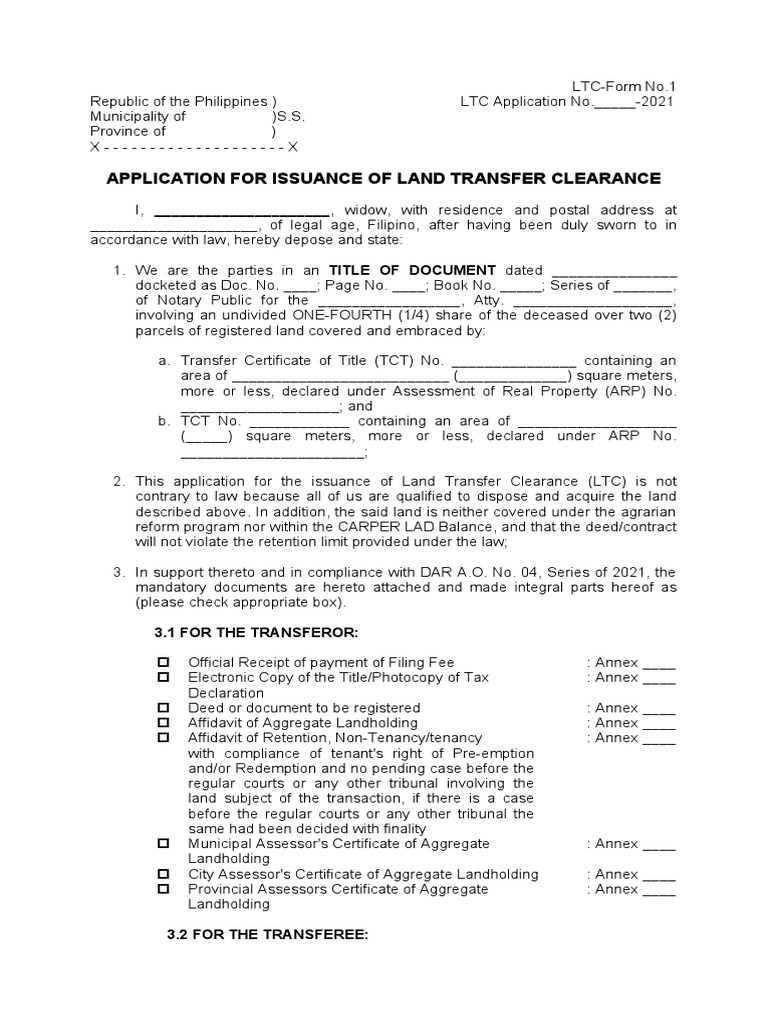 Land Transfer Clearance Application Form | PDF | Affidavit | Common Law