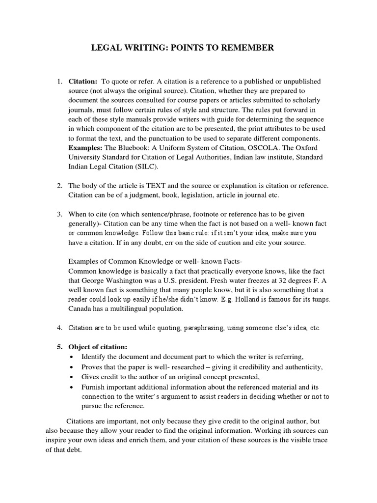 Legal Writing: Points To Remember: Examples: The Bluebook: A Uniform ...