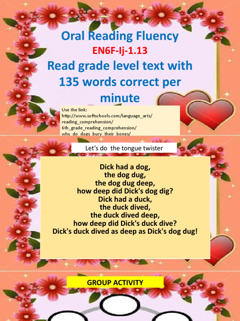 Oral Reading Fluency Read Grade Level Text With 135 Words Correct Per ...